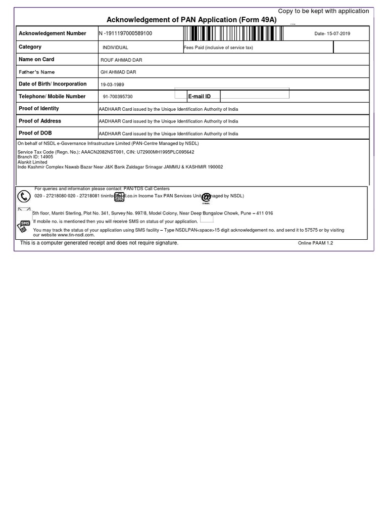 Acknowledgement of PAN Application (Form 49A) | PDF | Identity Document ...