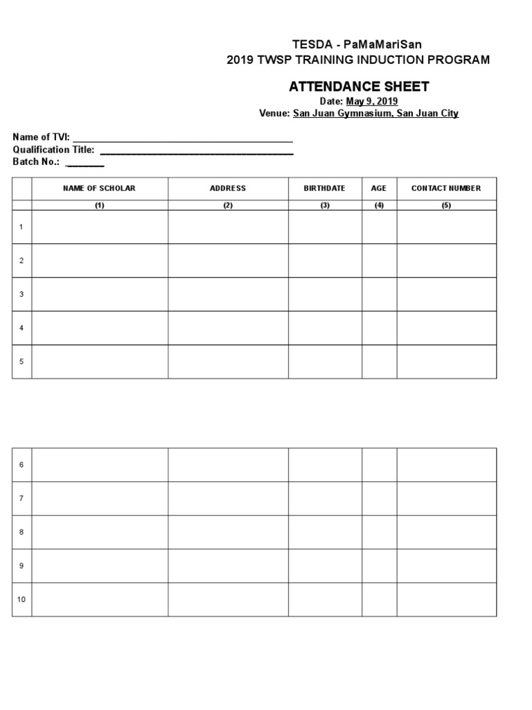 Attendance Sheet: Tesda - Pamamarisan 2019 TWSP Training Induction ...