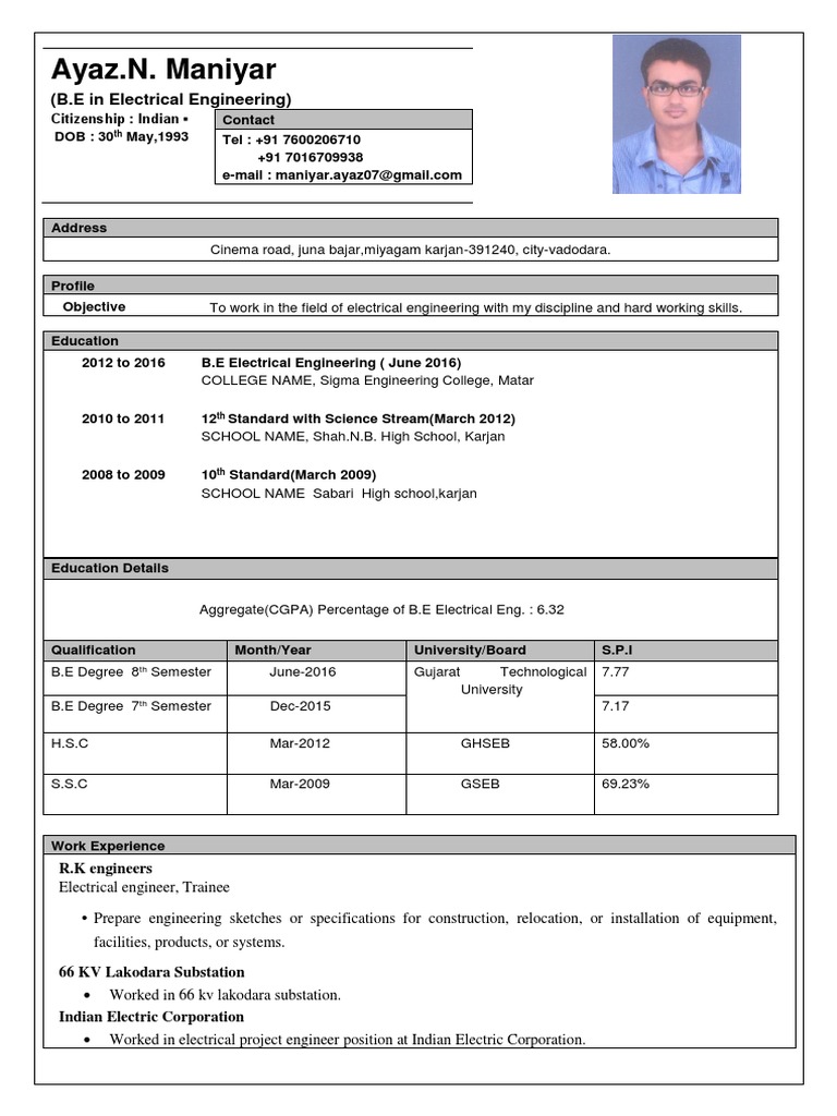 Ayaz.N. Maniyar: (B.E in Electrical Engineering) | PDF | Engineer | Gujarat