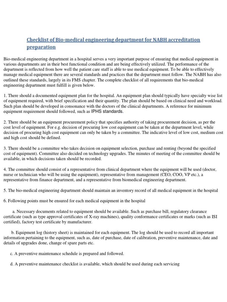 Checklist For Bio-Medical Engineering in Hospitals | PDF | Biomedical ...