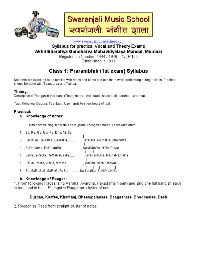 Class 1: Prarambhik (1st Exam) Syllabus: Akhil Bharatiya Gandharva ...
