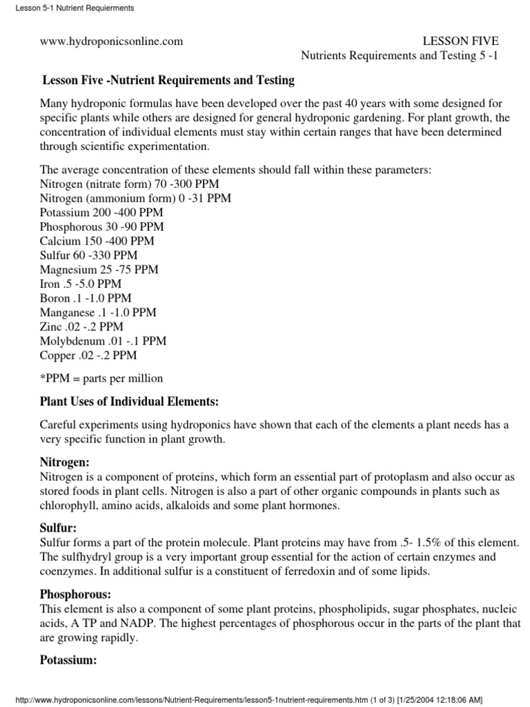 Lesson Five - Nutrient Requirements and Testing | PDF | Hydroponics ...