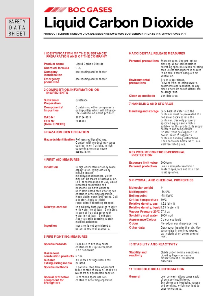 Liquid Carbon Dioxide: Safety Data Sheet | PDF | Carbon Dioxide ...