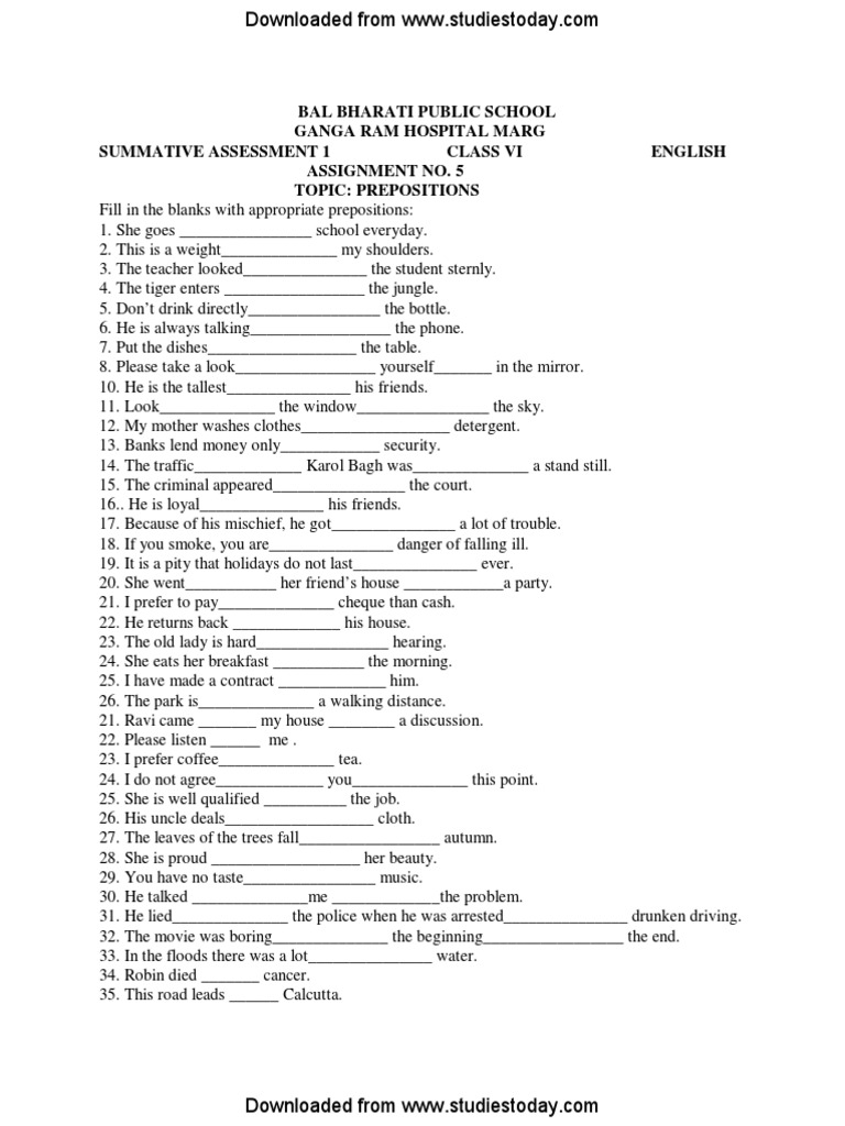 CBSE Class 6 English Practice Worksheets Preposition | PDF