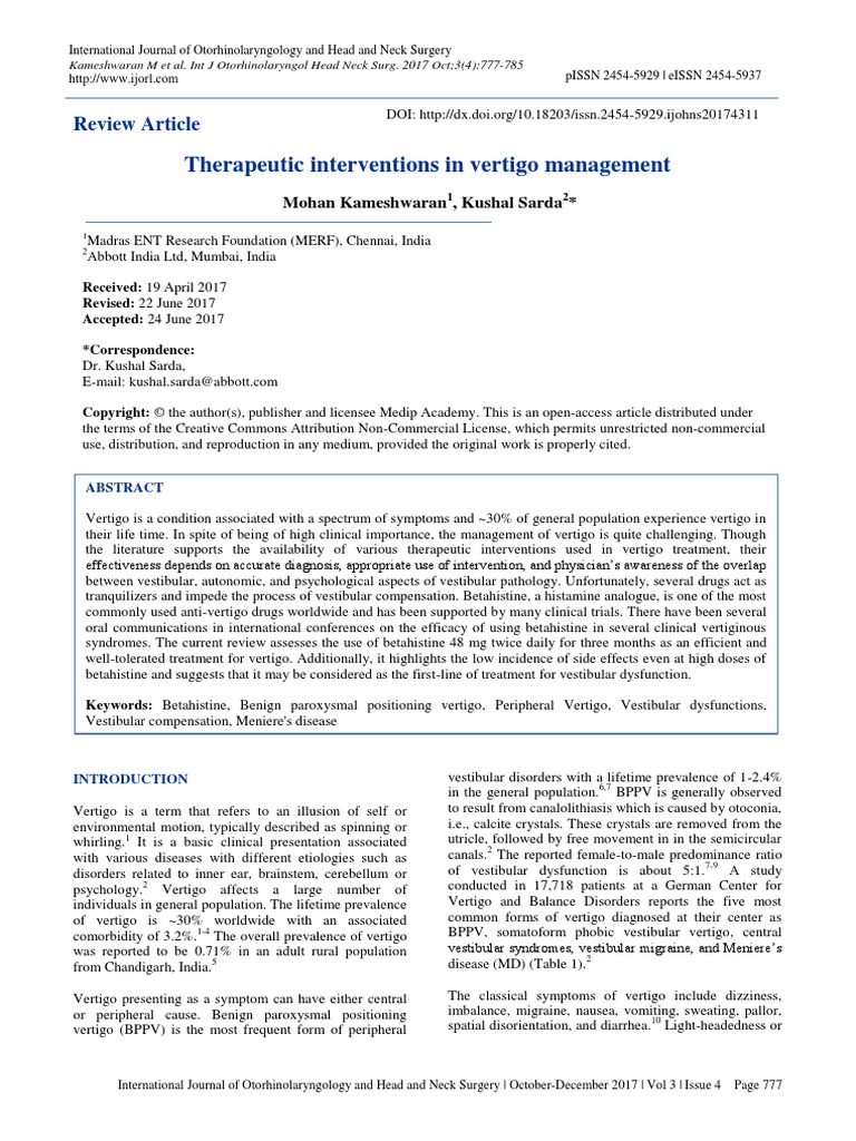 Therapeutic Interventions in Vertigo Management | PDF | Vertigo ...