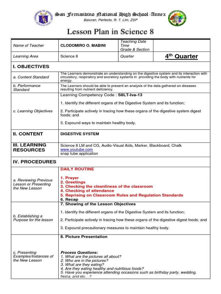 Digestive System Lesson Plan | PDF | Human Digestive System | Digestion