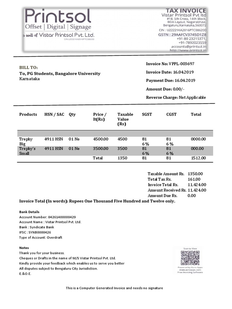 Bill To:: To, PG Students, Bangalore University | PDF | Rupee | Invoice