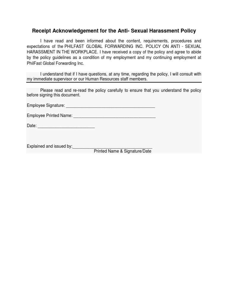 Receipt Acknowledgement For The Anti-Sexual Harassment Policy | PDF