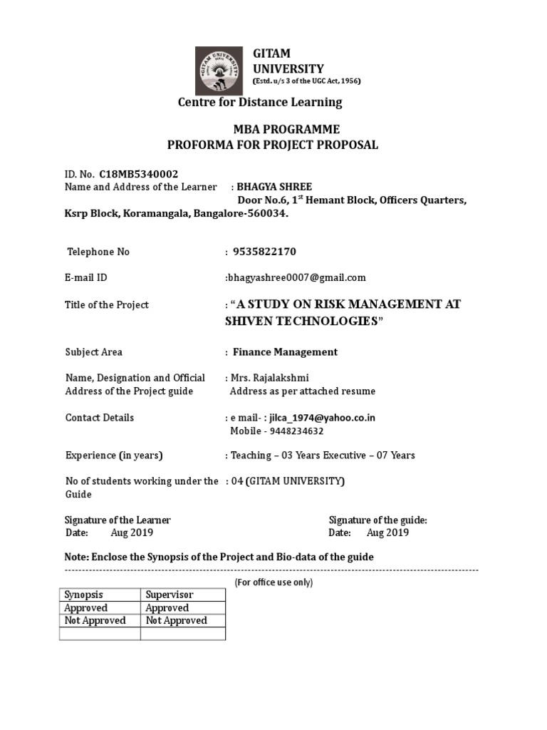 Gitam University Centre For Distance Learning Mba Programme Proforma ...