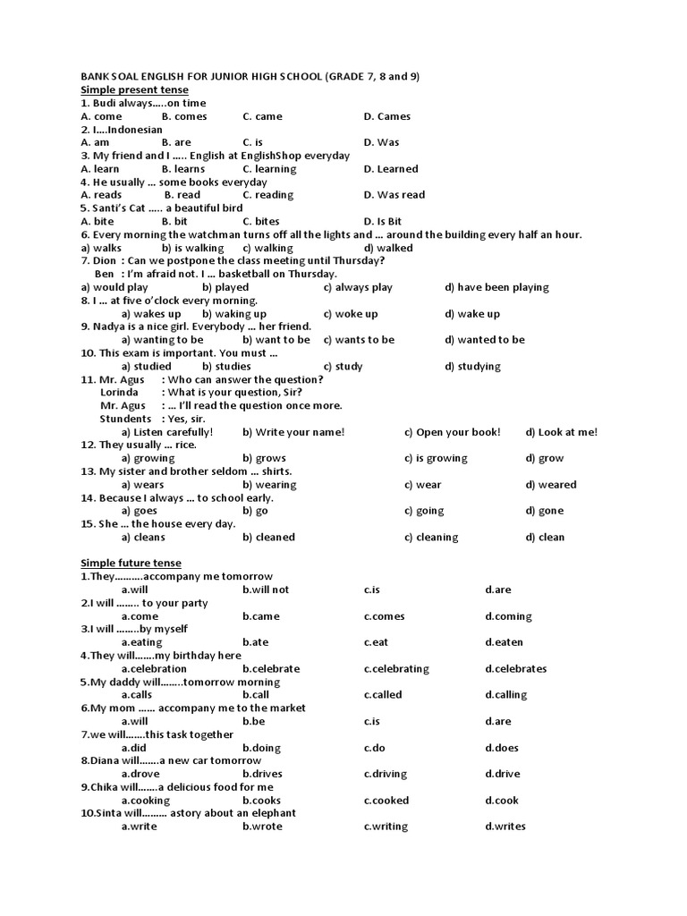 Bank Soal English For Junior High School | PDF | Grammar | Syntactic ...