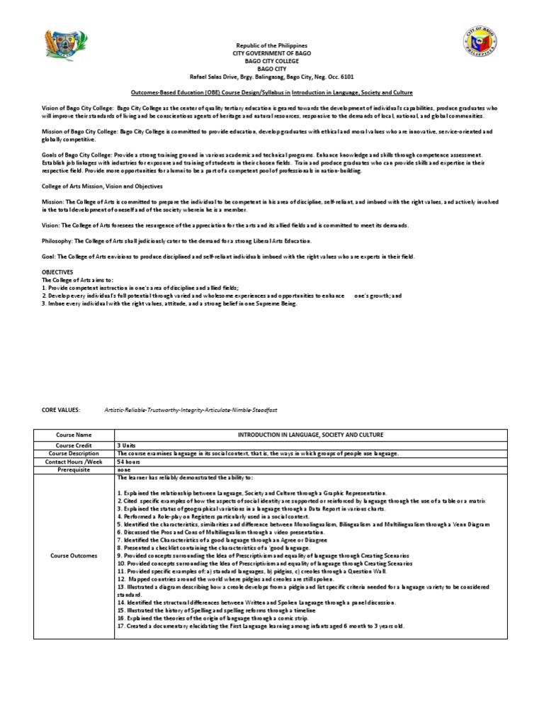 Introduction To Language Society and Culture Syllabus | Download Free ...
