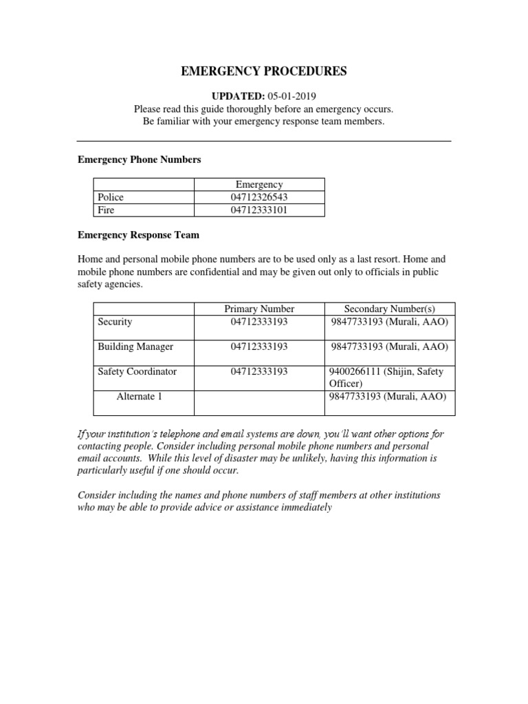 Emergency Procedures: UPDATED: 05-01-2019 | PDF | Emergency | Door