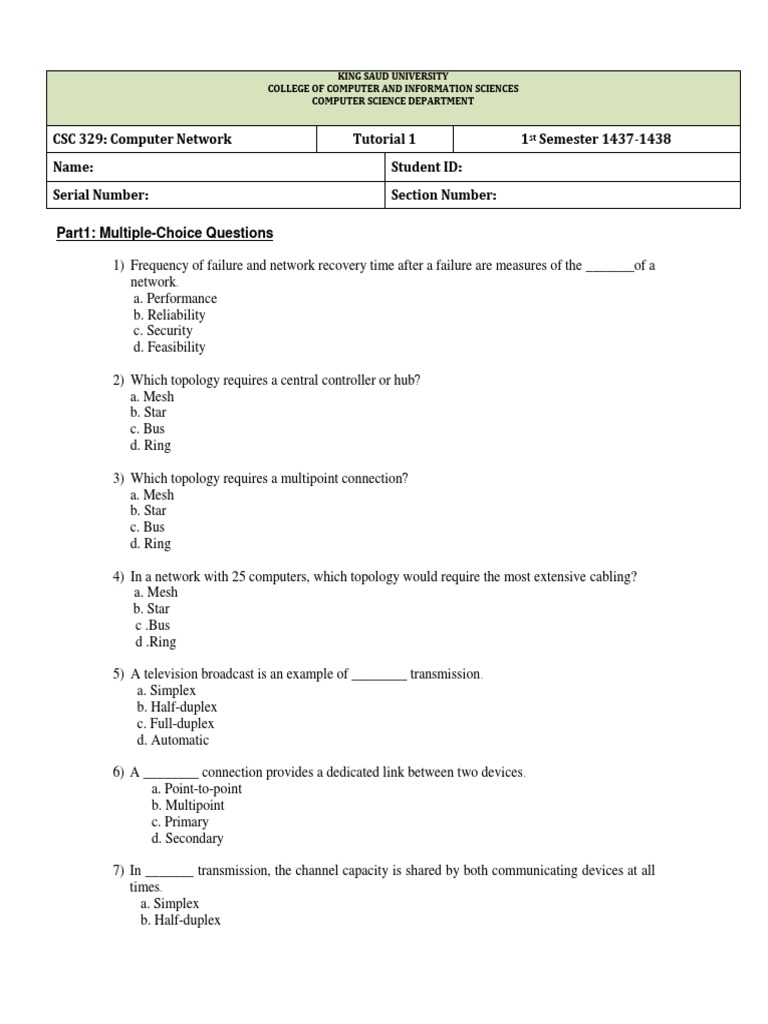 Fall2016 Tutorial1 Model Answer | PDF | Network Topology | Osi Model