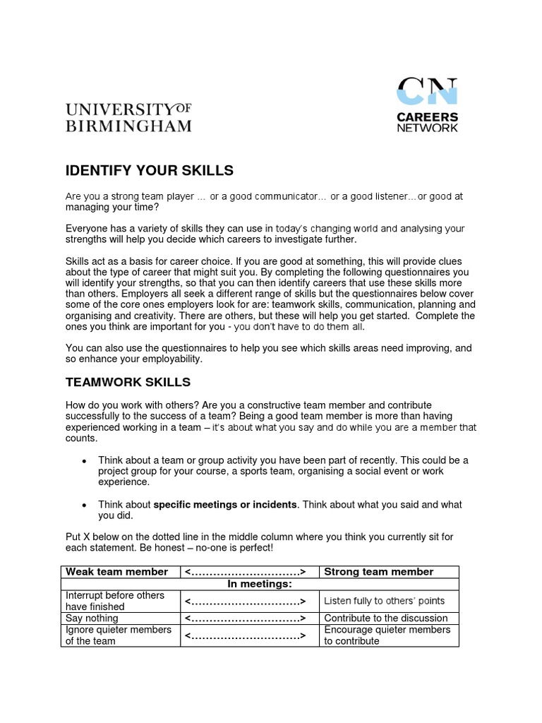 Choosing Your Career Skills Questionnaire PDF | PDF | Creativity ...