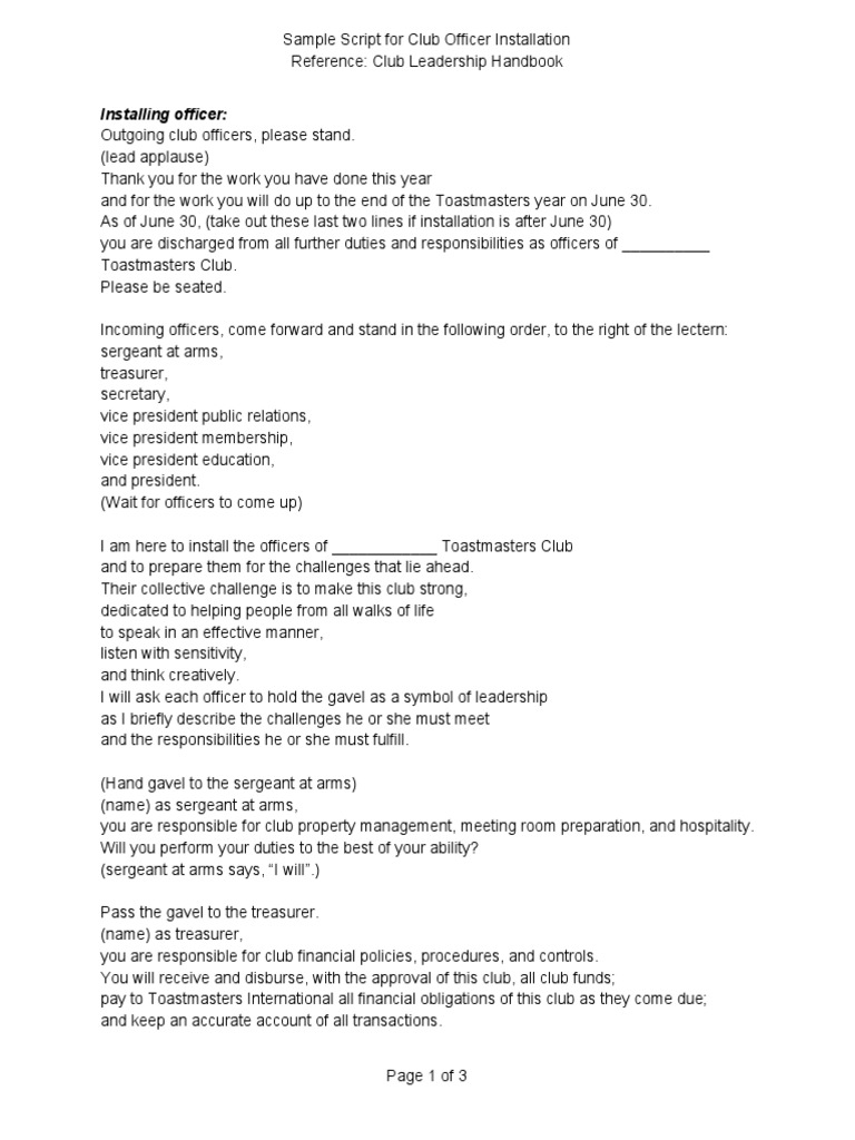 Sample Script For Club Officer Installation PDF | PDF | Business