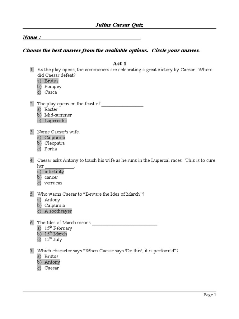 Act I Quiz With Answers | PDF | Julius Caesar | Mark Antony