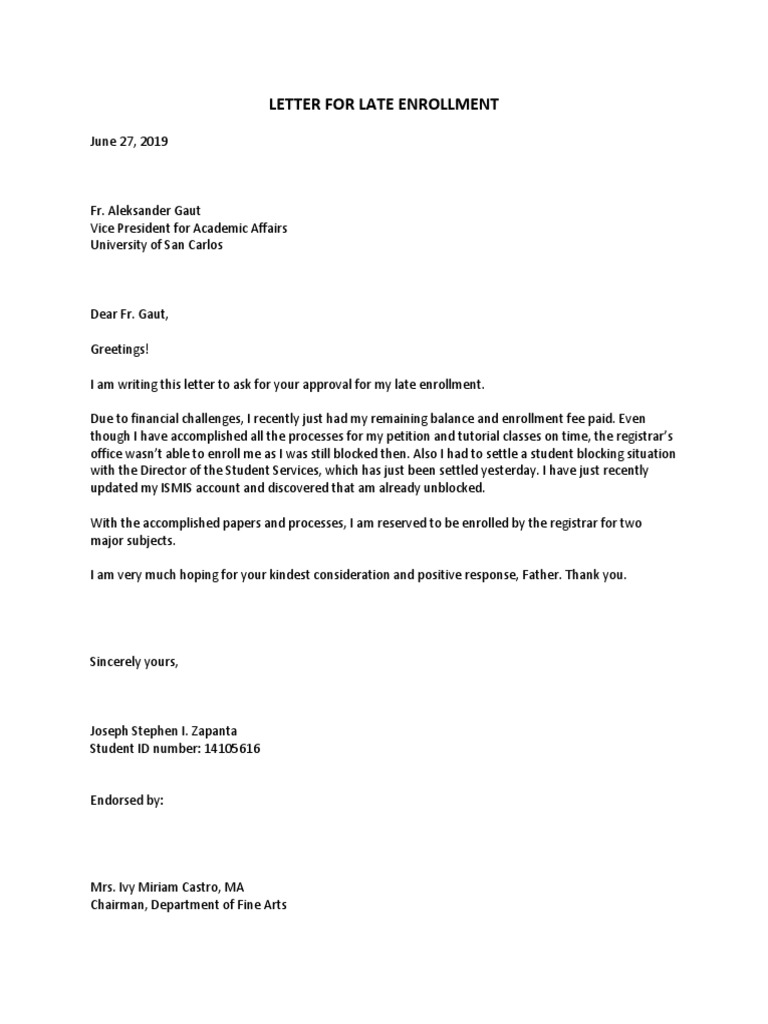 Letter For Late Enrollment | PDF