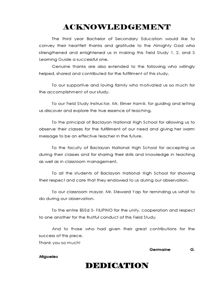 Acknowledgement and Dedication | PDF | Learning | Teachers