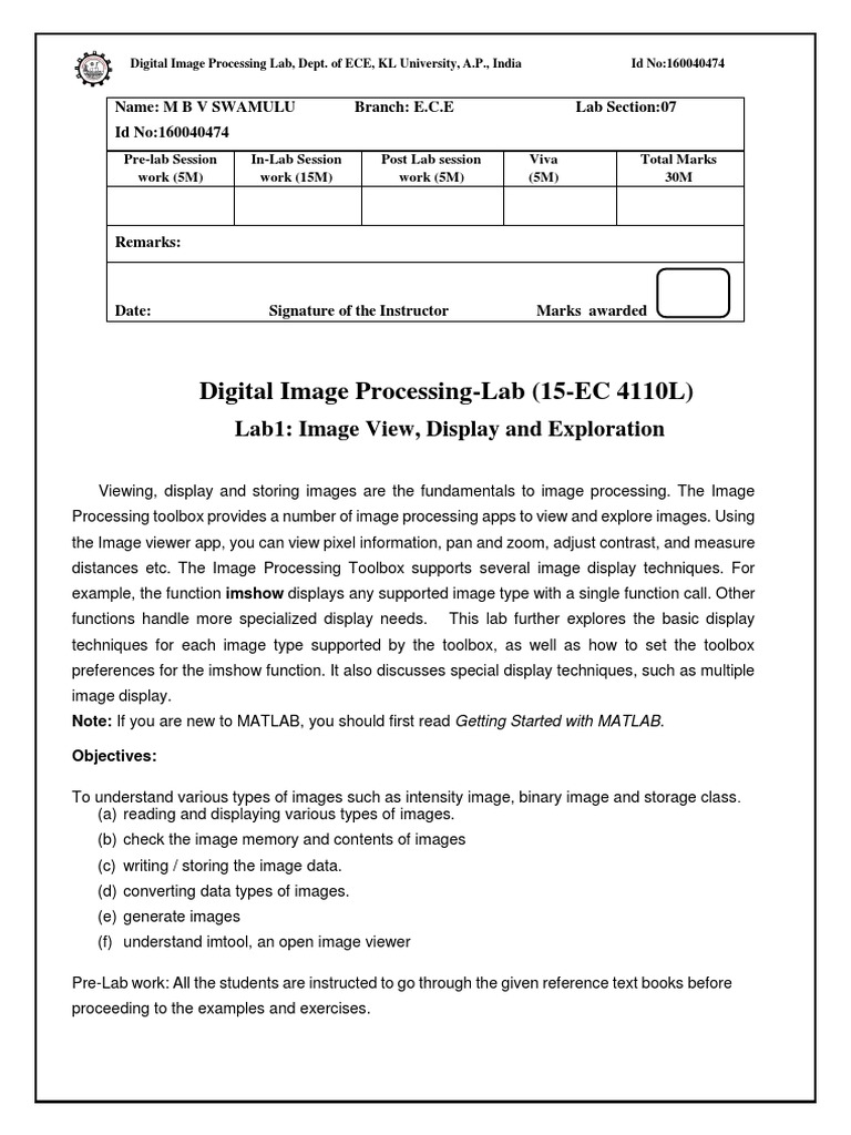 Digital Image Processing-Lab (15-EC 4110L) | PDF | Digital Image | File Format