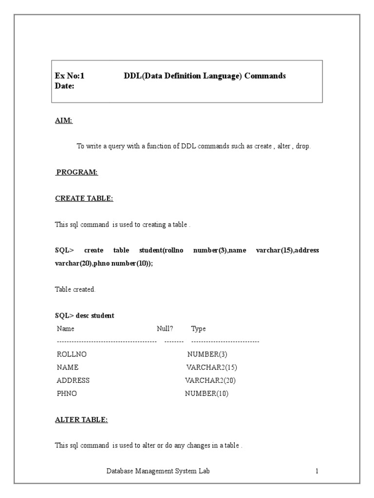 Ex No:1 Date: DDL (Data Definition Language) Commands | PDF | Information Science | Scientific ...