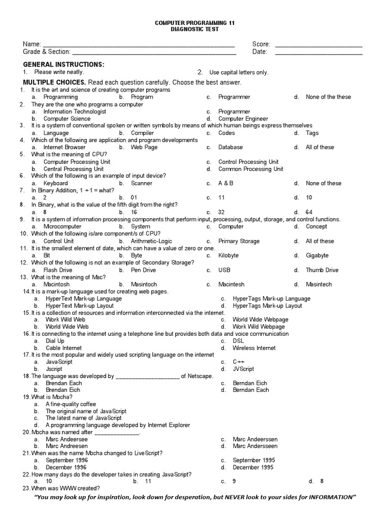 Computer Programming Diagnostic Test Pdf Html Element Computer Program 