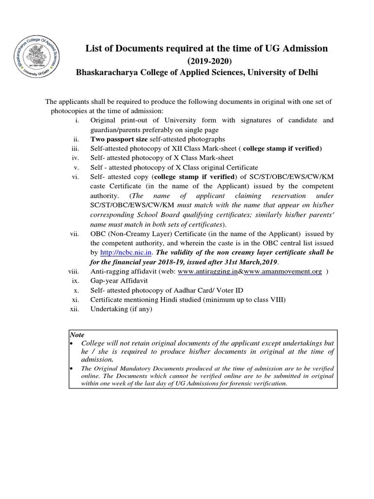 List of Documents Required For Admission | PDF