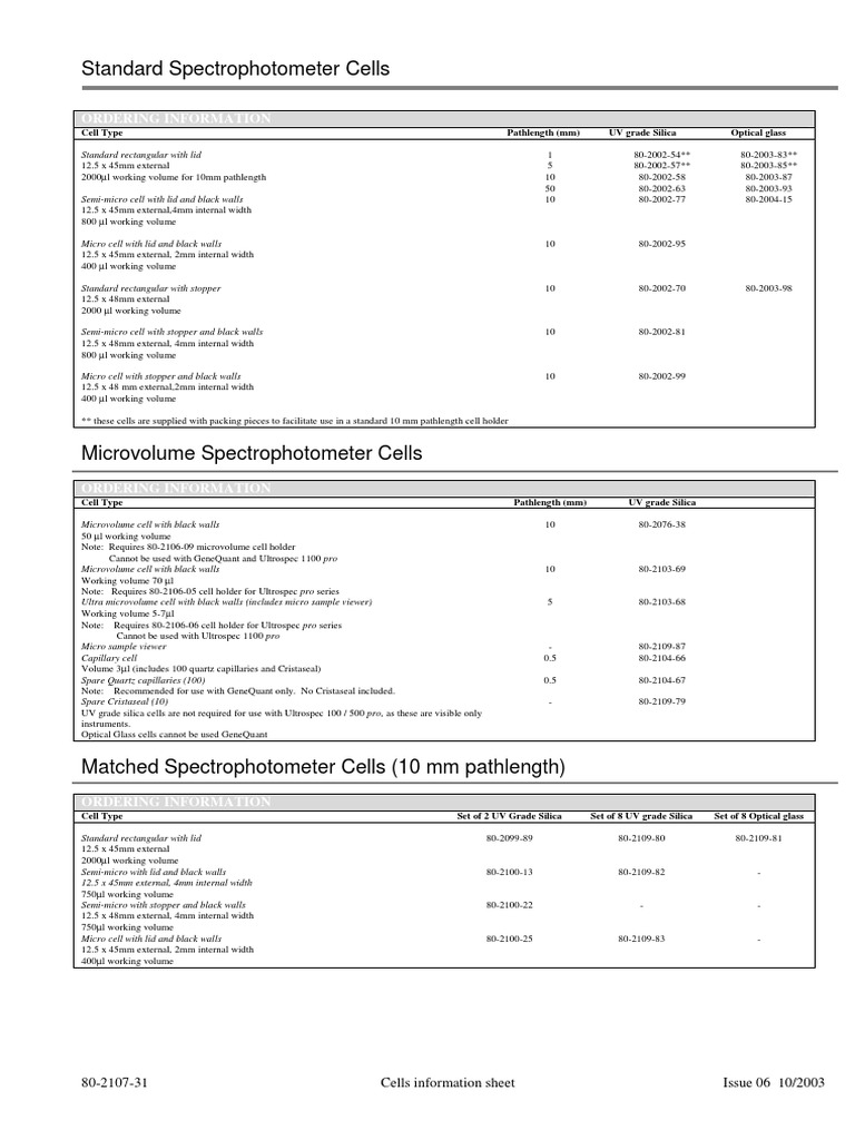 Standard Spectrophotometer Cells: Ordering Information | PDF ...