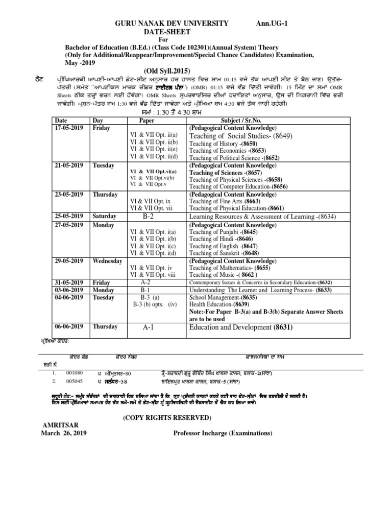 Guru Nanak Dev University Ann - Ug-1 Date-Sheet: Teaching of Social ...