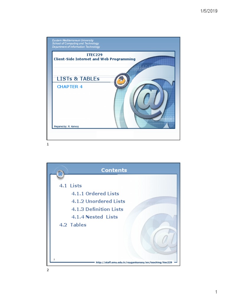 Lists & Tables: ITEC229 Client-Side Internet and Web Programming | PDF ...