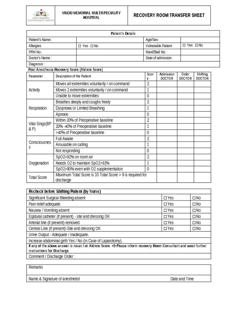 Aldrete Score Discharge Protocol | PDF | Breathing | Diseases And Disorders