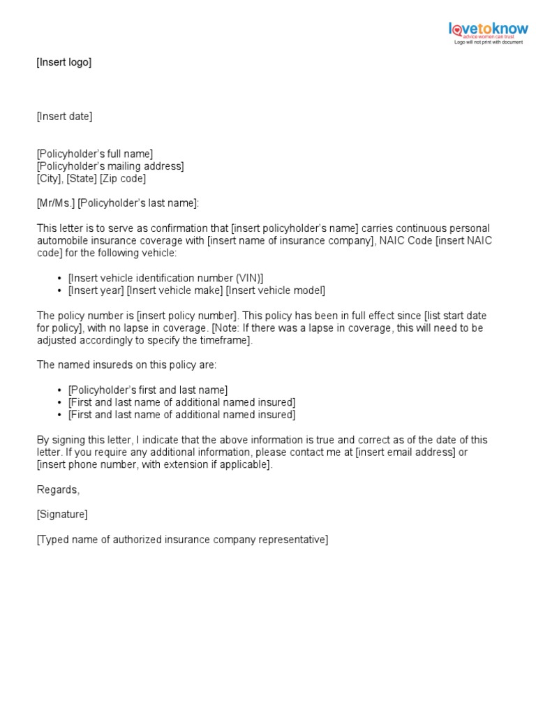 Proof of Insurance Letter Template | PDF