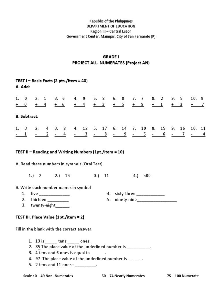 Grade I Project All-Numerates (Project An) | PDF | Cognition | Teaching ...