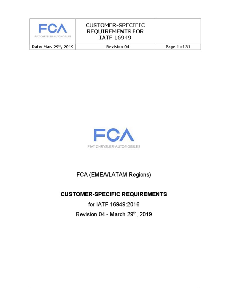 FCA Customer-Specific IATF 16949 Requirements | PDF | Quality ...