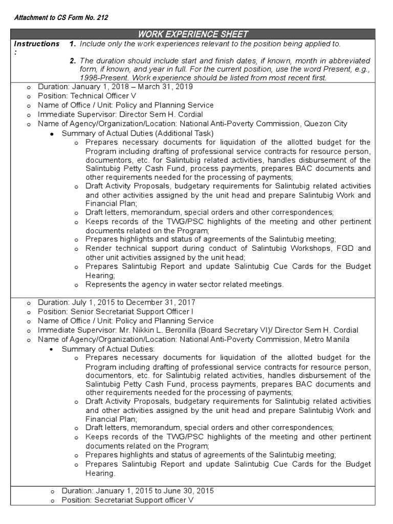 PDS - Work-Experience-Sheet | PDF | Budget | Government