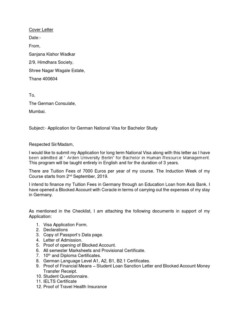 German Student Visa Application Cover Letter | PDF | Travel Visa ...