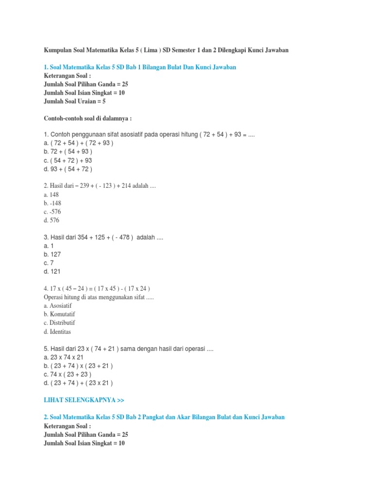 Soal Matematika Kelas 5 SD dan Jawaban | PDF