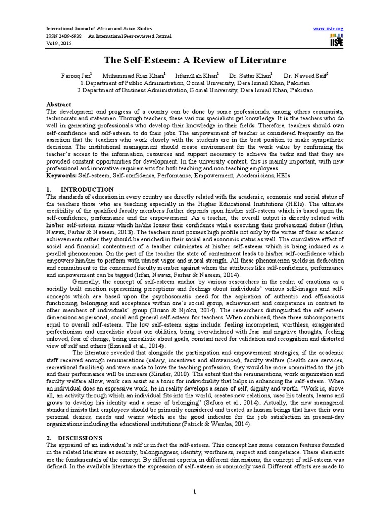 The Self-Esteem: A Review of Literature | PDF | Empowerment | Motivation