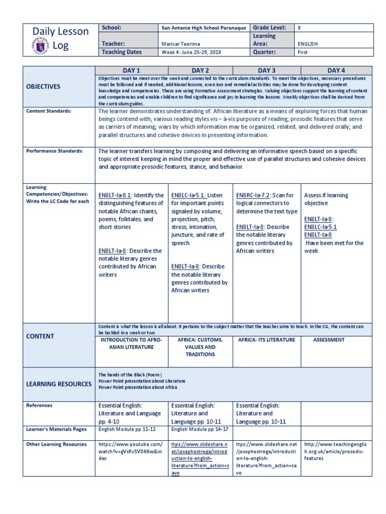 African Literature Lesson Plan Overview | PDF | Lesson Plan | Learning