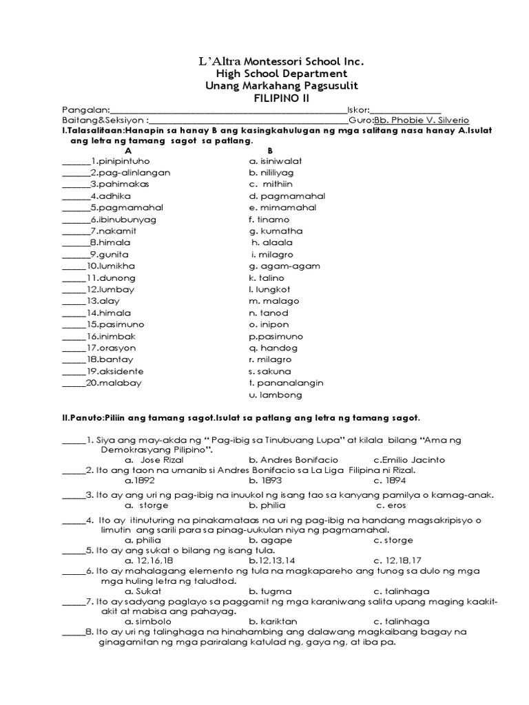 Pagsusulit Sa Filipino II | PDF