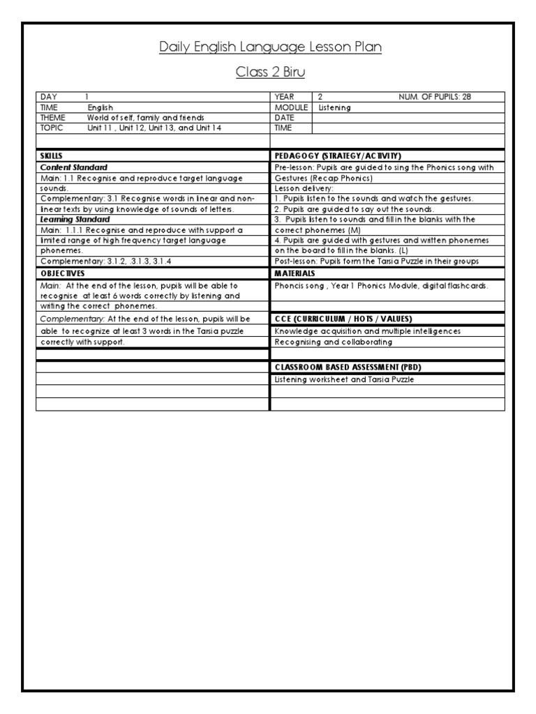 Daily English Language Lesson Plan Class 2 Biru: Teacher's Reflection ...