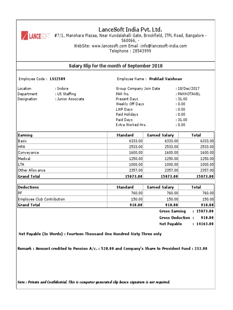 Prahlad Vaishnav Payslip September 2018 | PDF | Factor Income ...