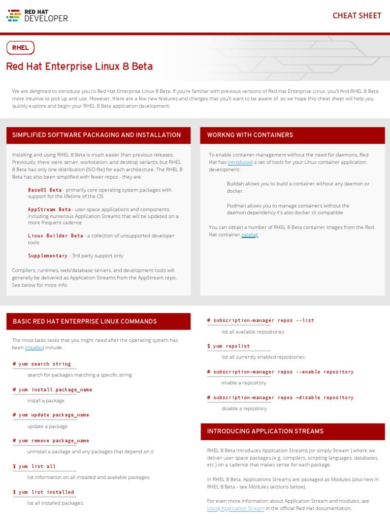 RHEL8 Beta CheatSheet | PDF | Linux | Free Software