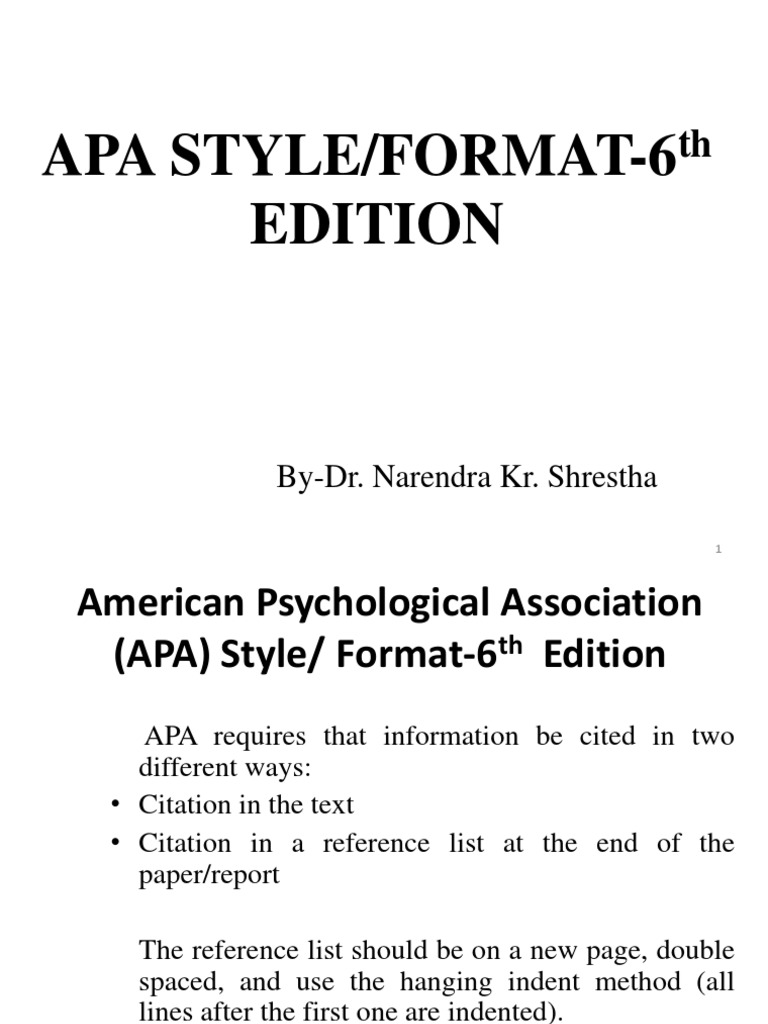 Apa Style/Format-6 Edition: By-Dr. Narendra Kr. Shrestha | Download ...