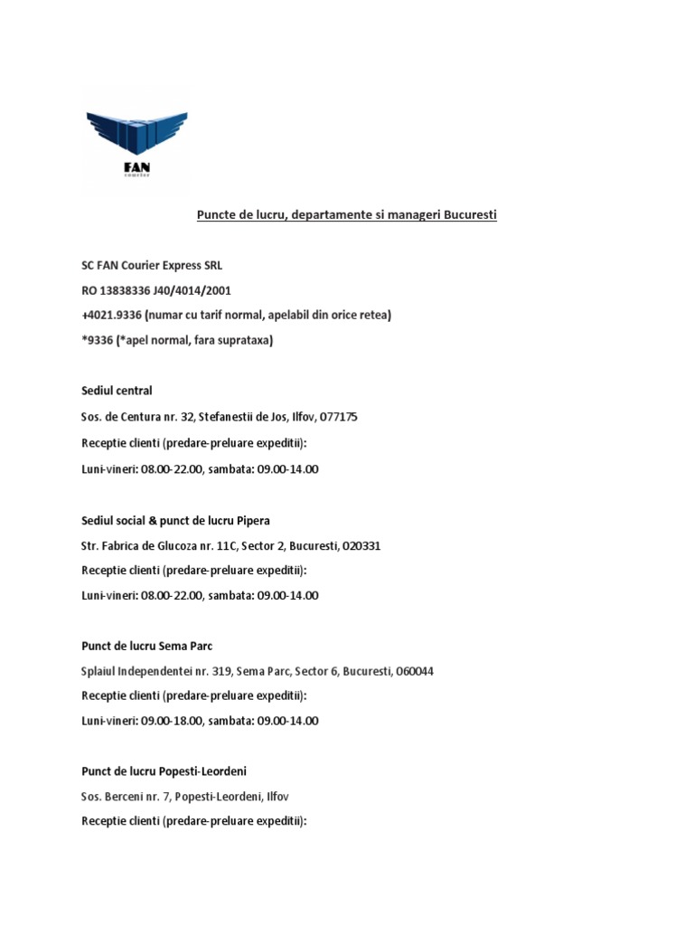 Puncte de lucru FAN Courier Bucuresti | PDF | Ventas