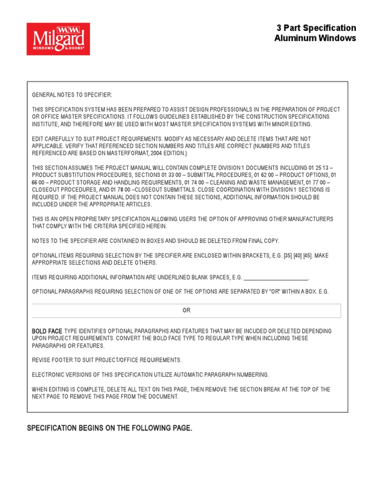 Specifications Milgard Standard Aluminum Windows - 5 | PDF | Window ...