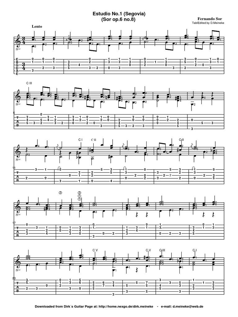 Fernando Sor: Estudio Segovia Tablature | PDF | Classical Guitar