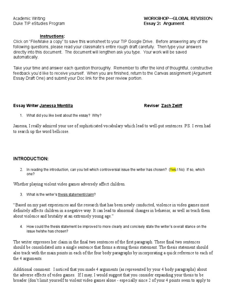 Workshop-Global Revision Essay 2: Argument Instructions | PDF | Essays ...