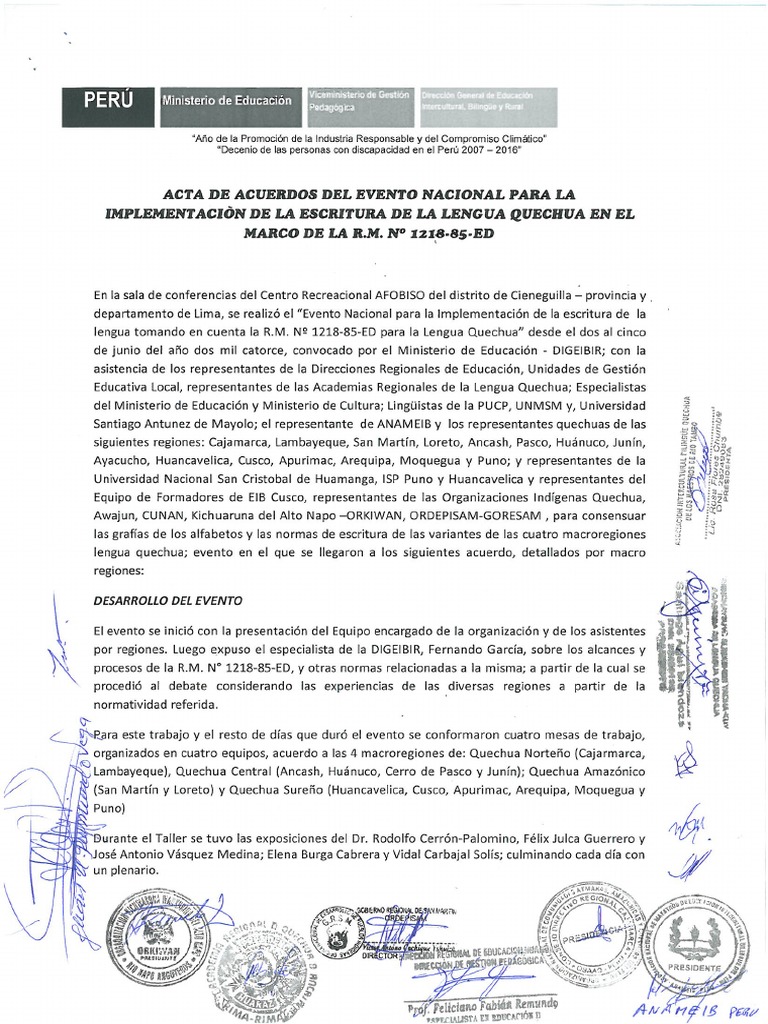 Acta Acuerdos Escritura Quechua 20140605 | PDF