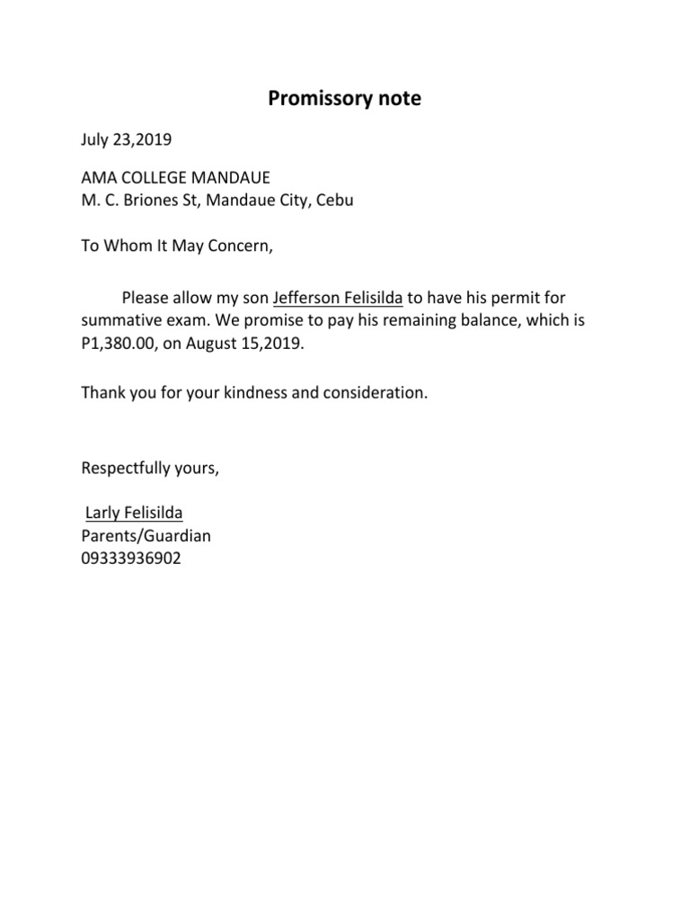 Promissory Note for Exam Permit | PDF