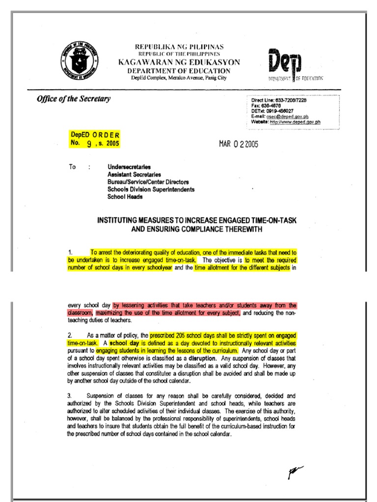 DepEd Order 9, S 2005 (Time On Task) | PDF